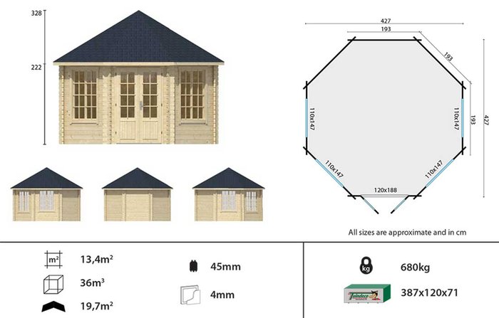 Blockhaus Lynn 427 x 427 cm - Gartenlaube mit Pyramidendach