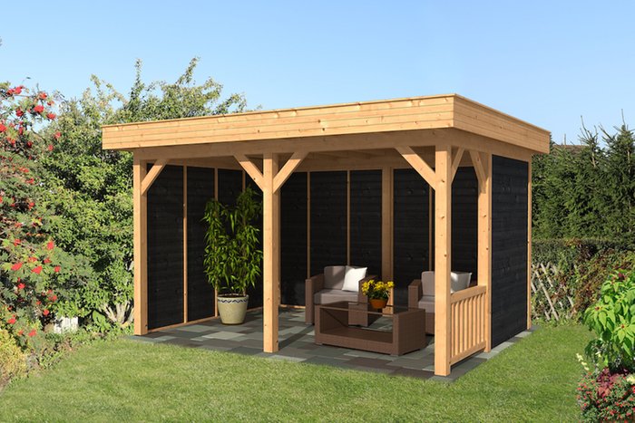 Overkapping Oslo XL Type 2 Lariks Geschaafd met Zwarte Wanden