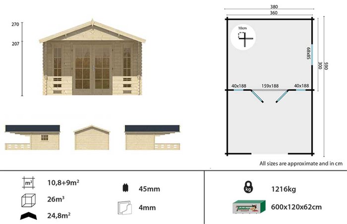Cabane de jardin Sanstrov avec veranda 380x320+ 270x270 chalet